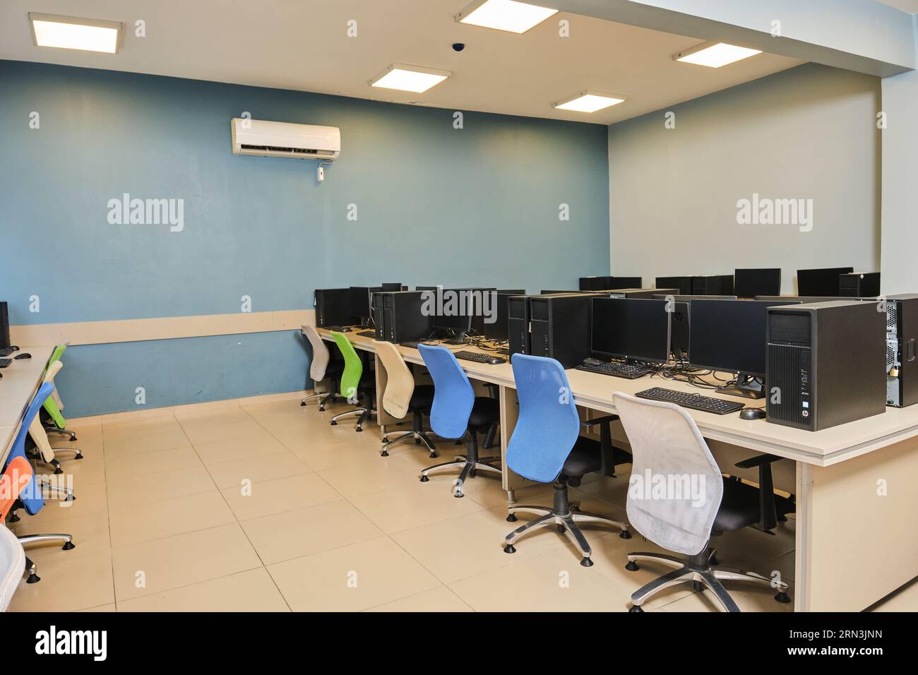 empty computer lab in a university. Computer lab room. room with a lot ...