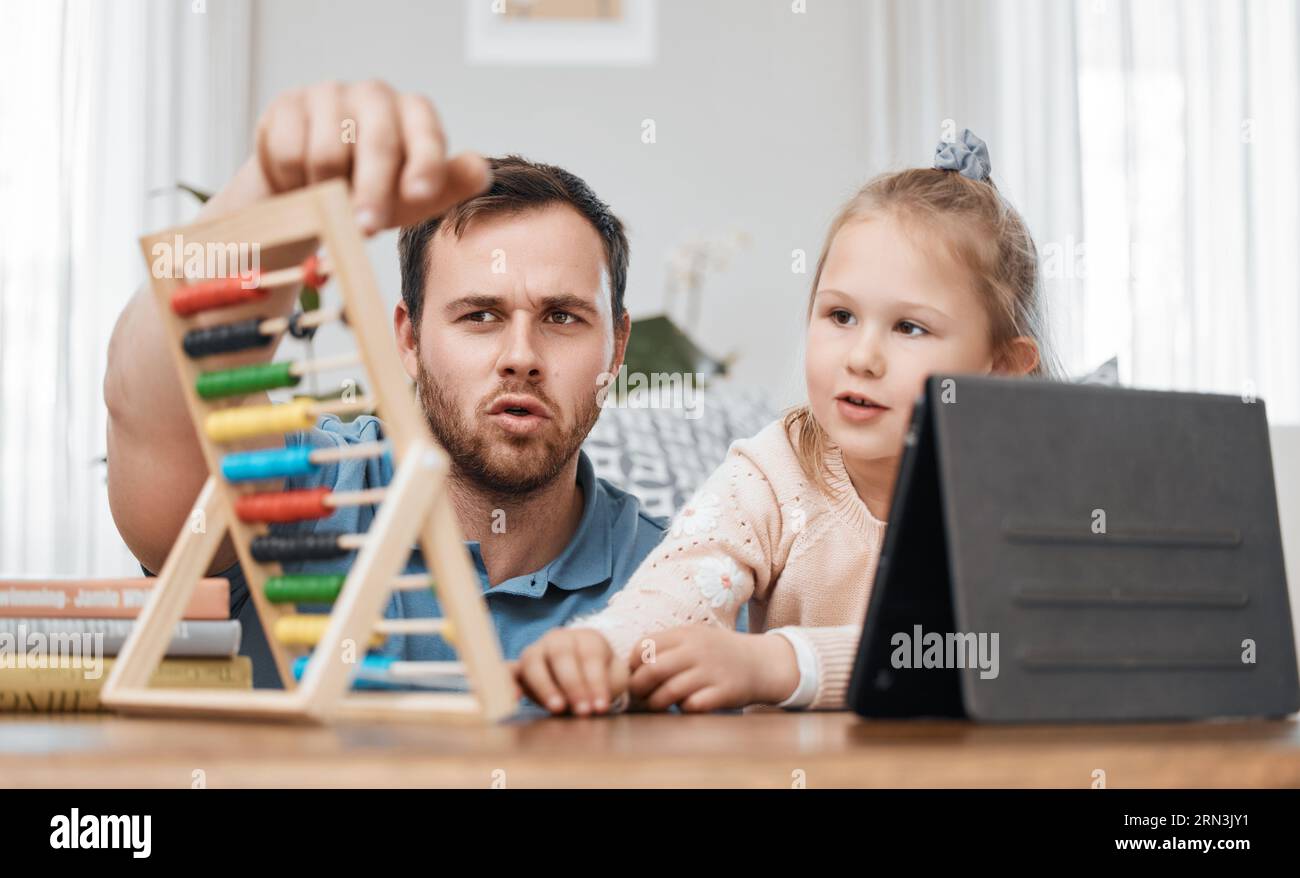 Tablet, abacus and father with girl for homework for creative learning ...