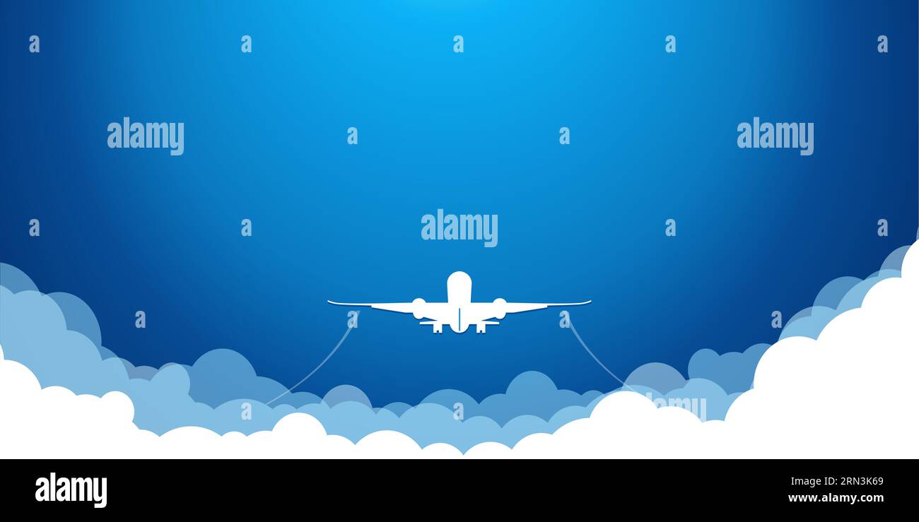 White plane in the blue sky rises flying above the clouds. Vector ...