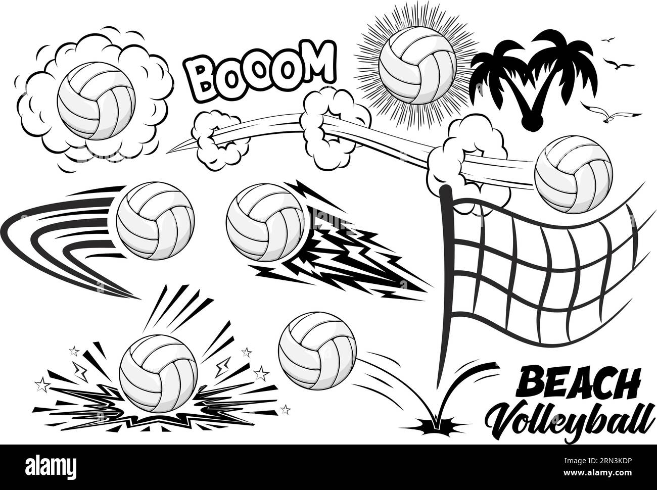 Comic style beach volleyball elements template. Vector on transparent ...