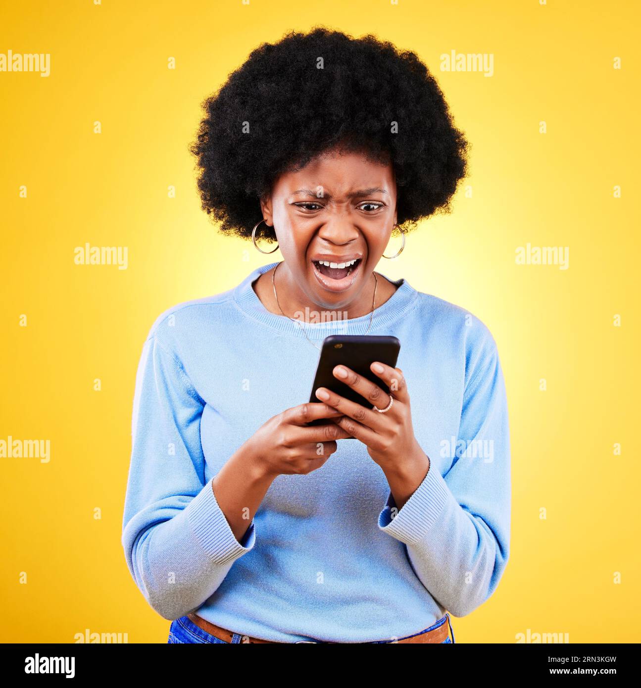 Shock, credit card and woman with phone scam and fraud problem and tech ...