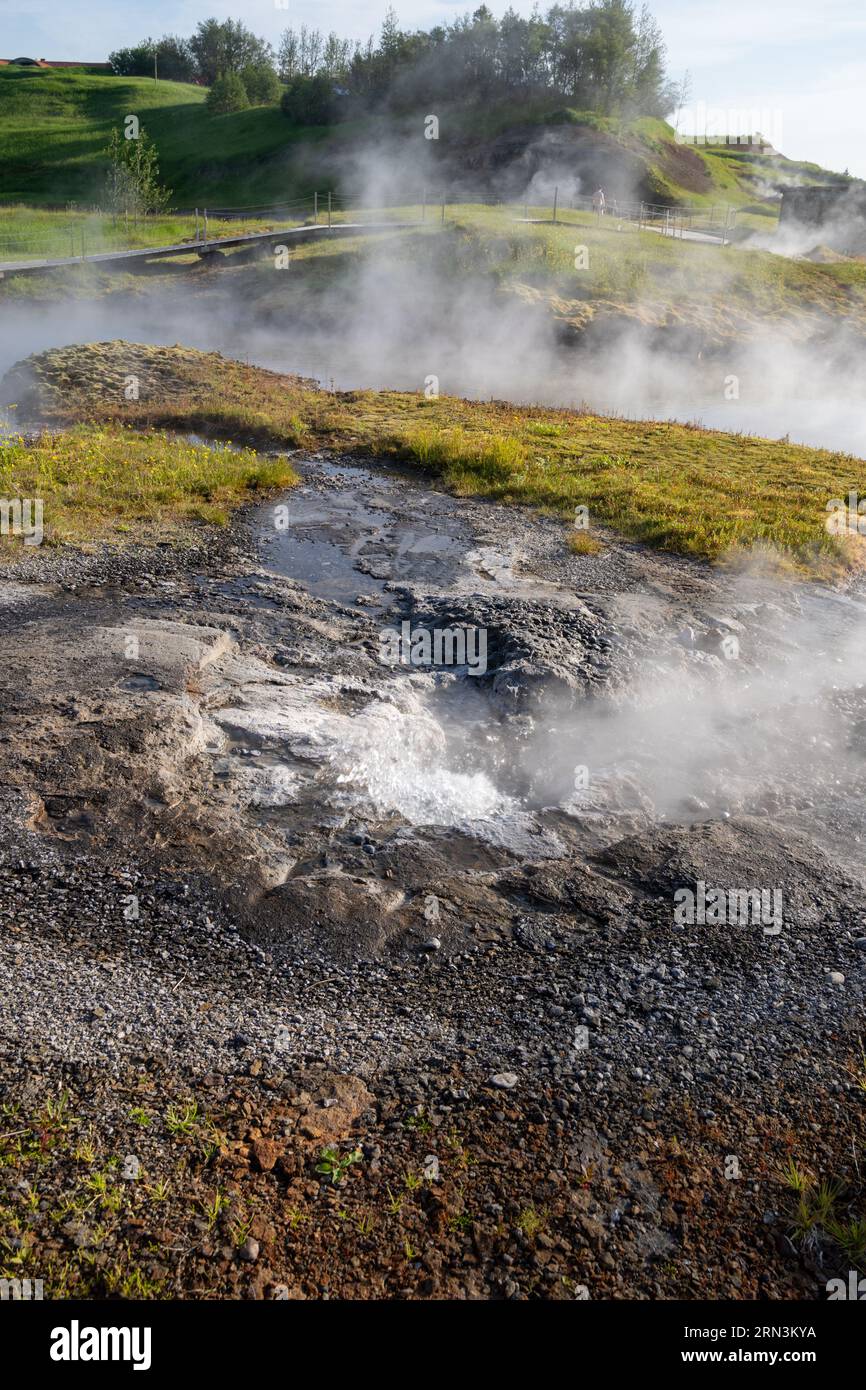 Utu Geysir, a geyser hot water source of the Secret Lagoon in Fludir ...