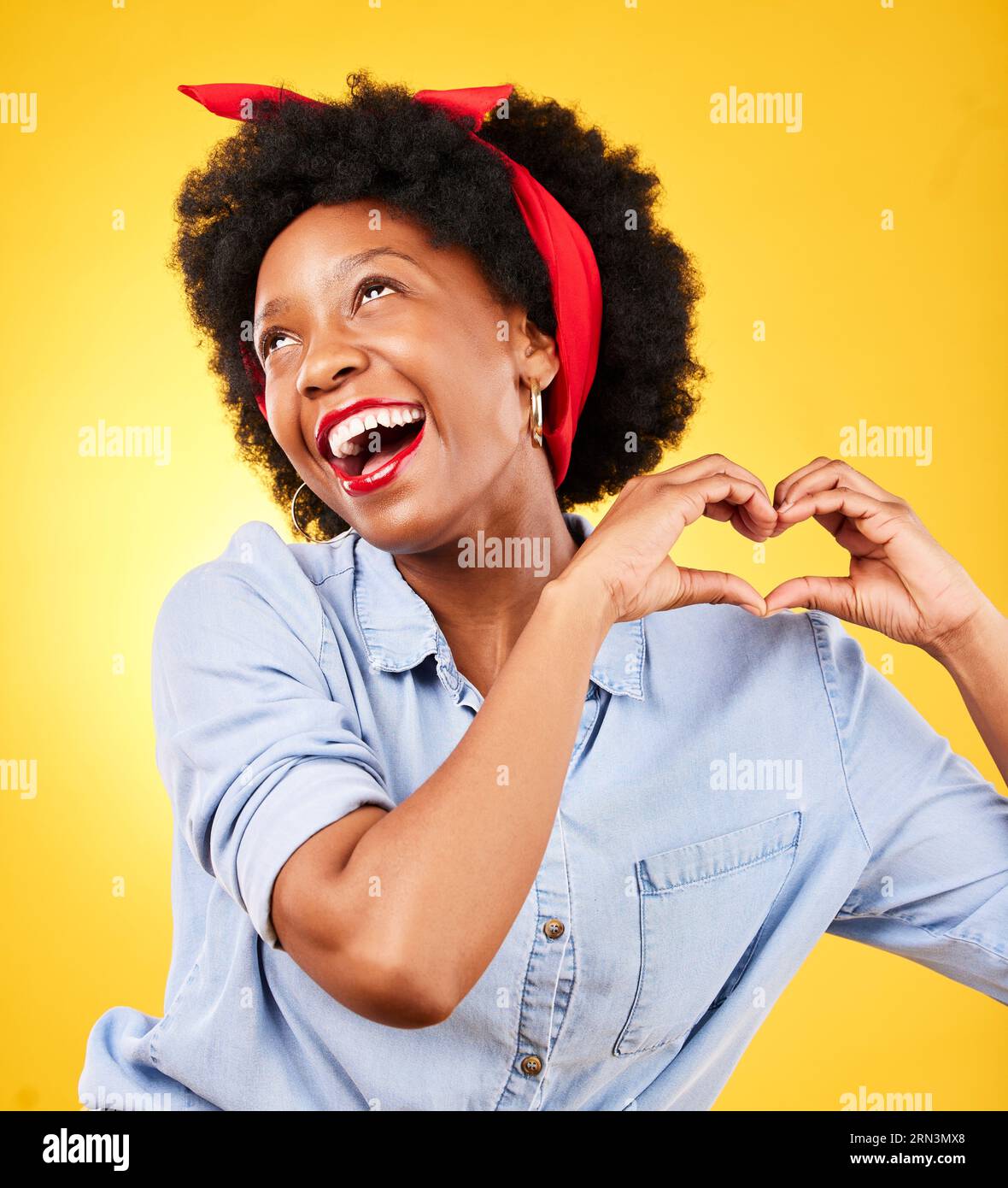 Heart, sign and happy black woman with care hand gesture as support and ...