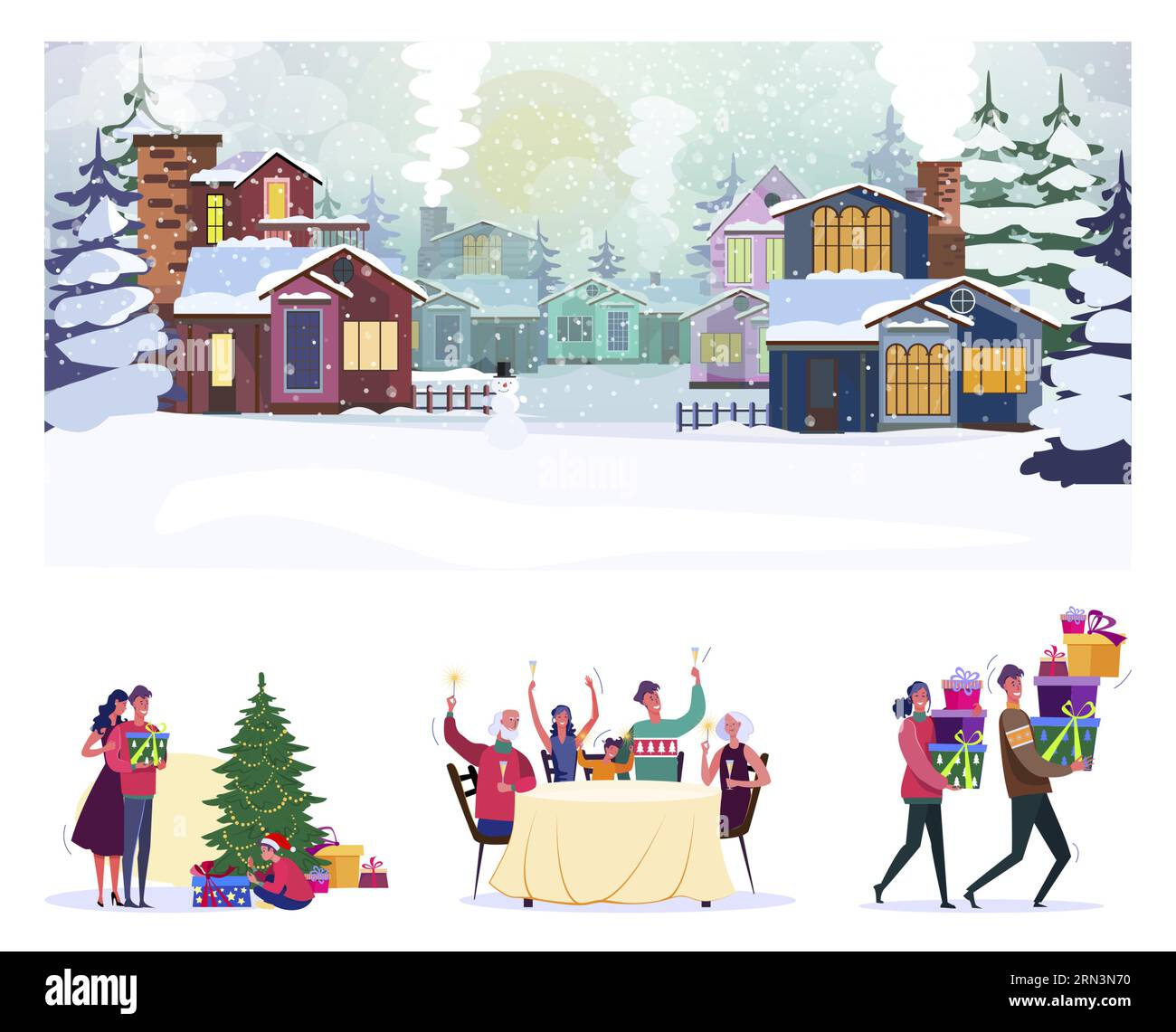 Happy Christmas party flat vector illustration set Stock Vector Image ...
