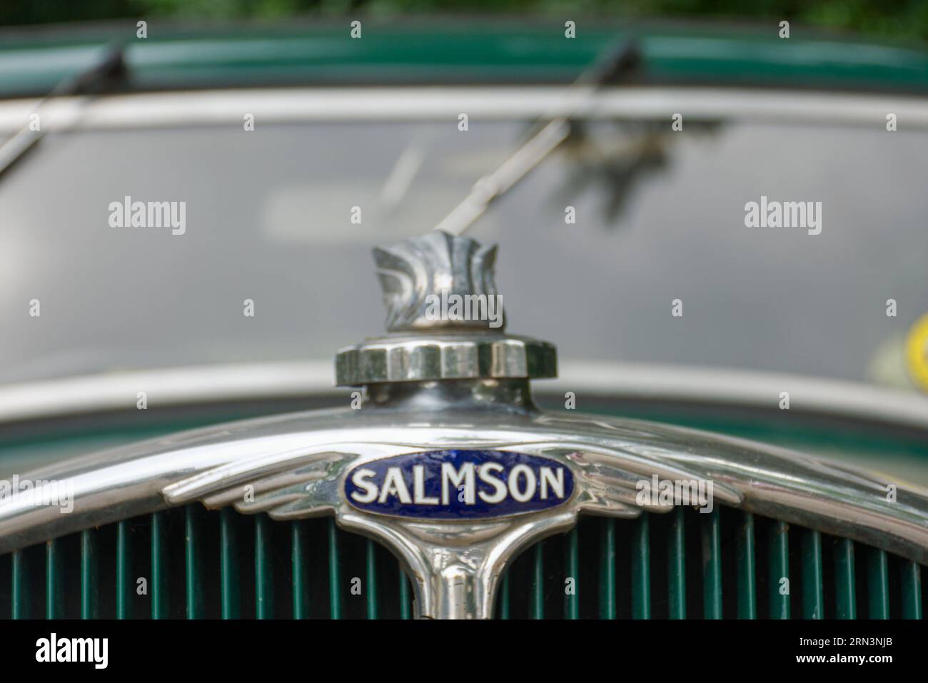 Closeup of a green SALMSON oldtimer, showing the emblem with logo Stock ...