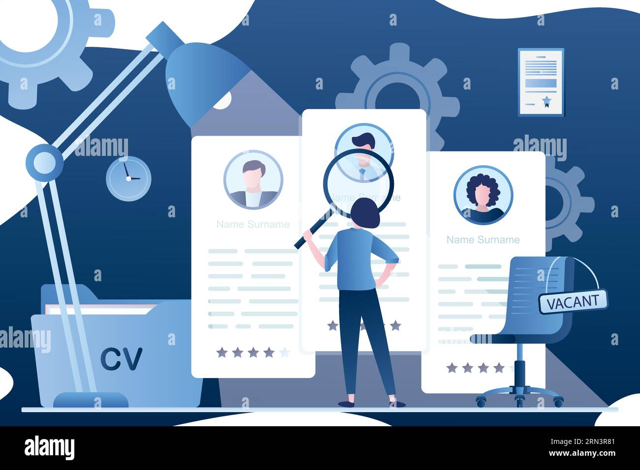 Businesswoman HR specialist uses a magnifying glass. Recruitment agency ...