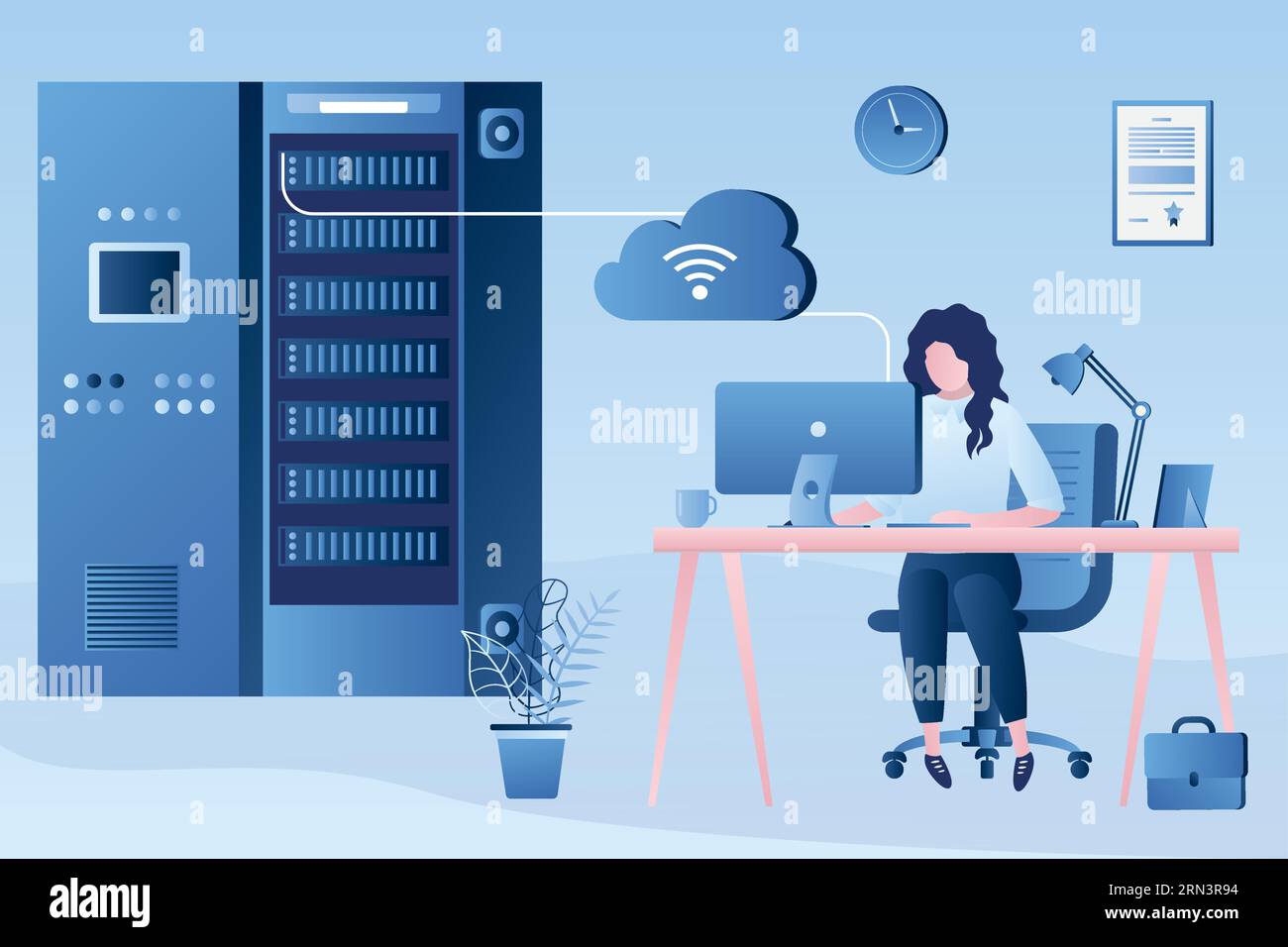 Beauty female system administrator online monitors the operation of servers. Woman employee on ...