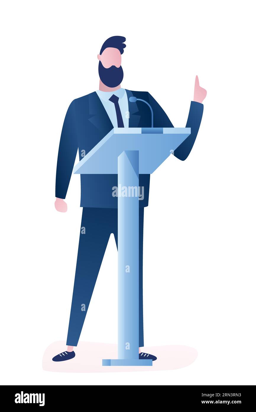 Businessman Gives Lecture. Stand near podium, speak into microphone ...