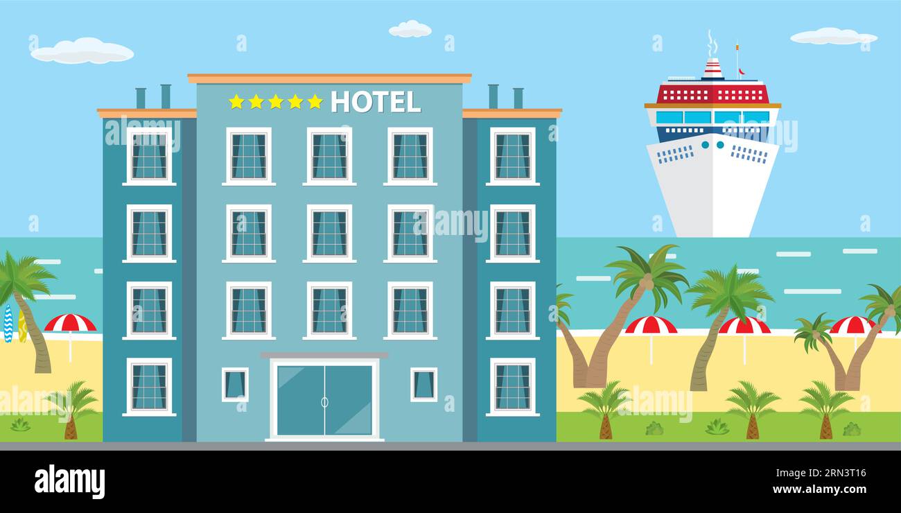 Hotel building and ocean beach. Cartoon sand shore with palm trees ...