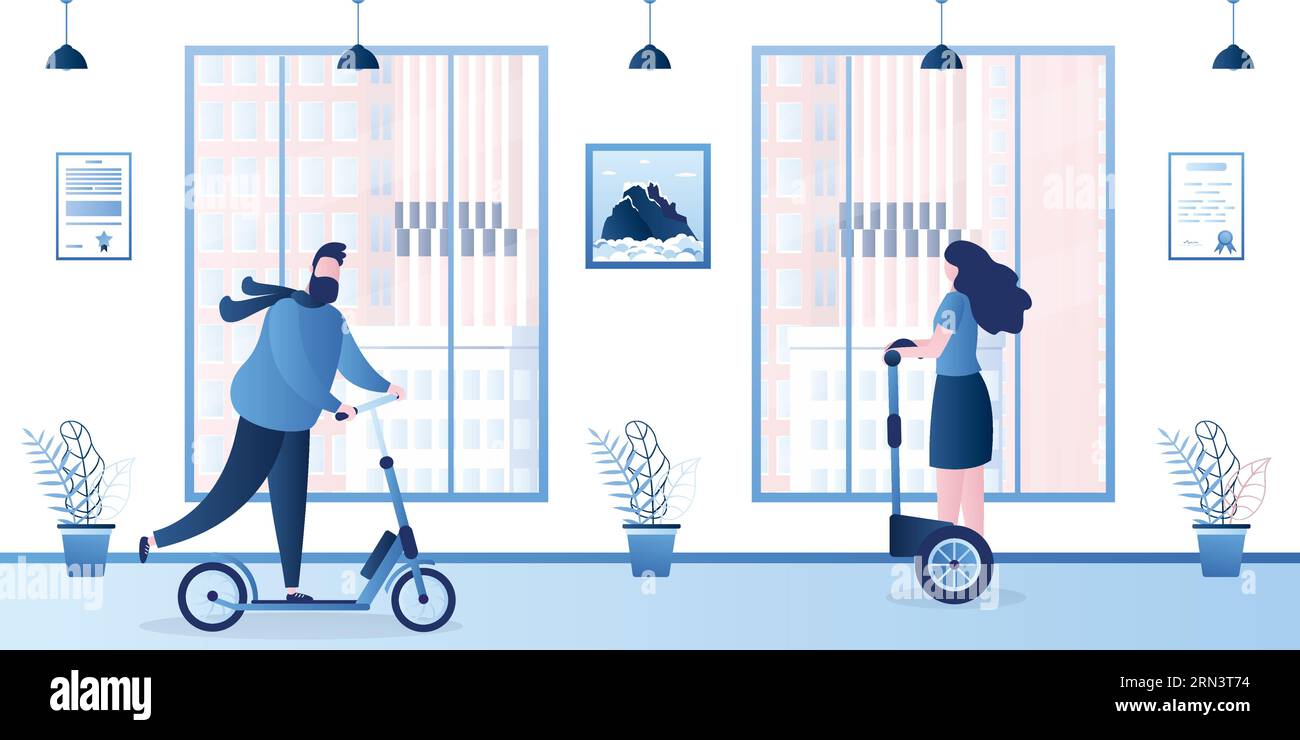 Hallway in office building. Business people ride on modern eco bikes ...