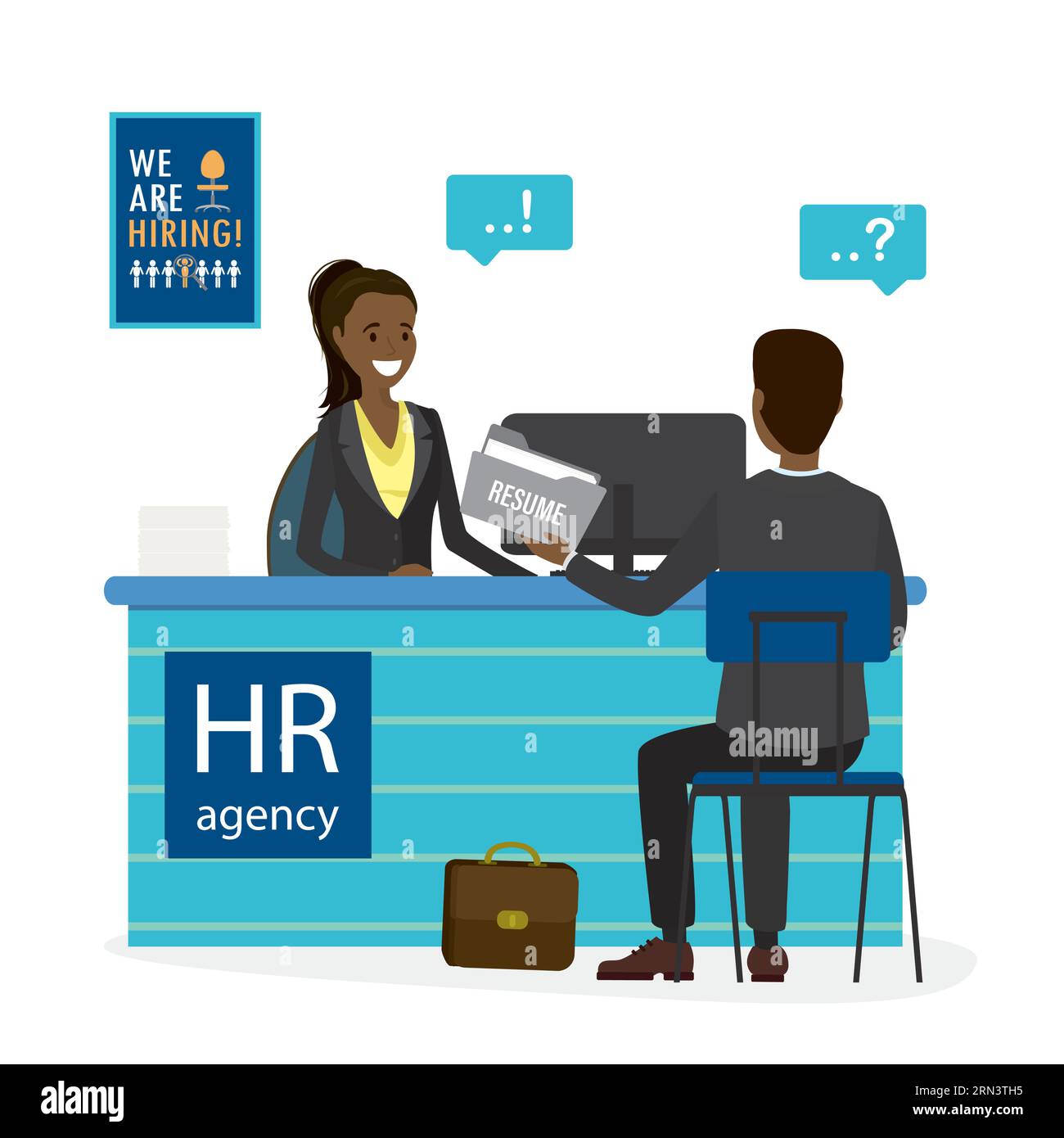 Female HR specialist on workplace and man job applicant with cv resume in hand. Cartoon business ...