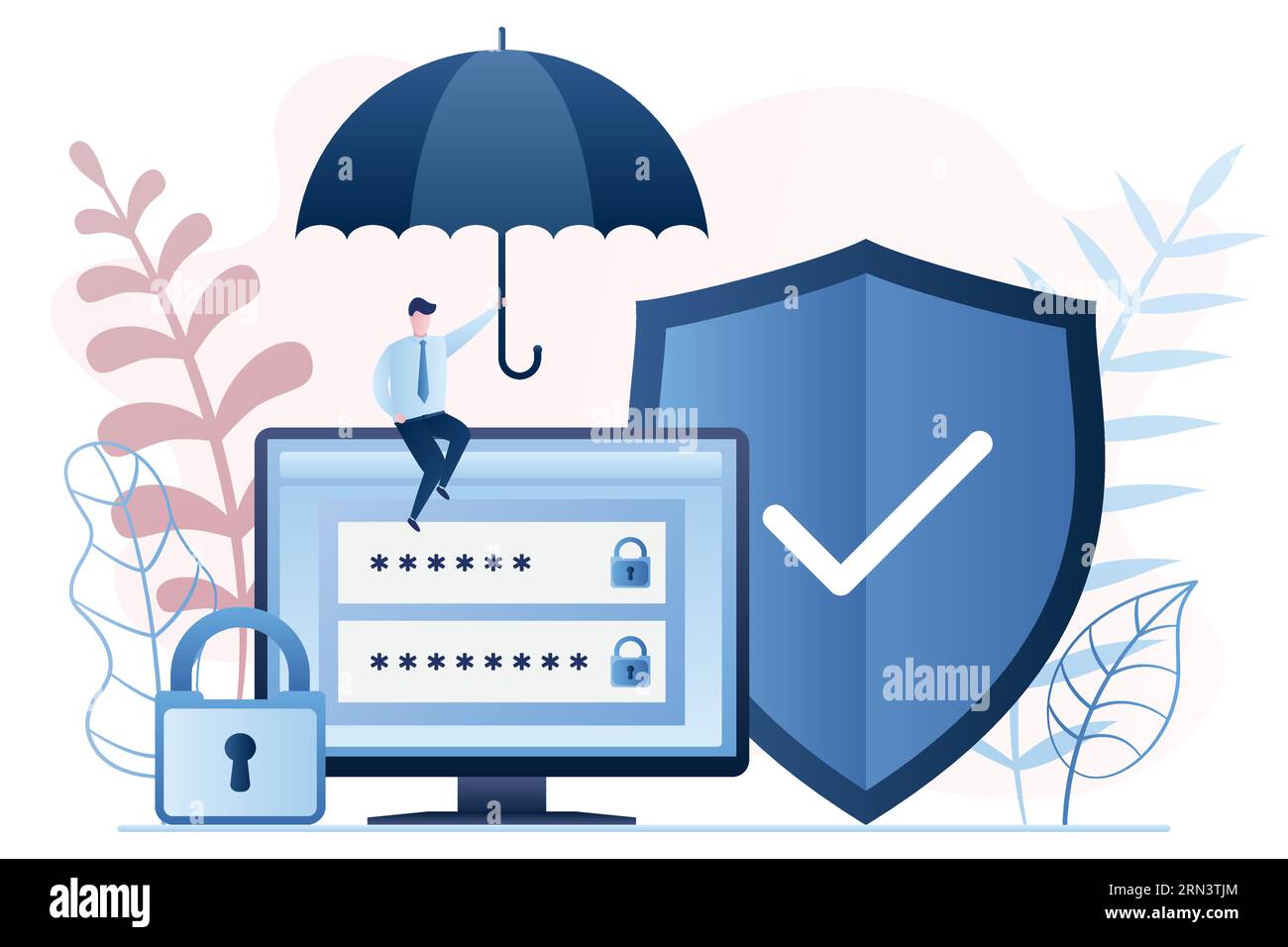 Data Protection technology. Businessman holding umbrella. Monitor screen with login and password ...