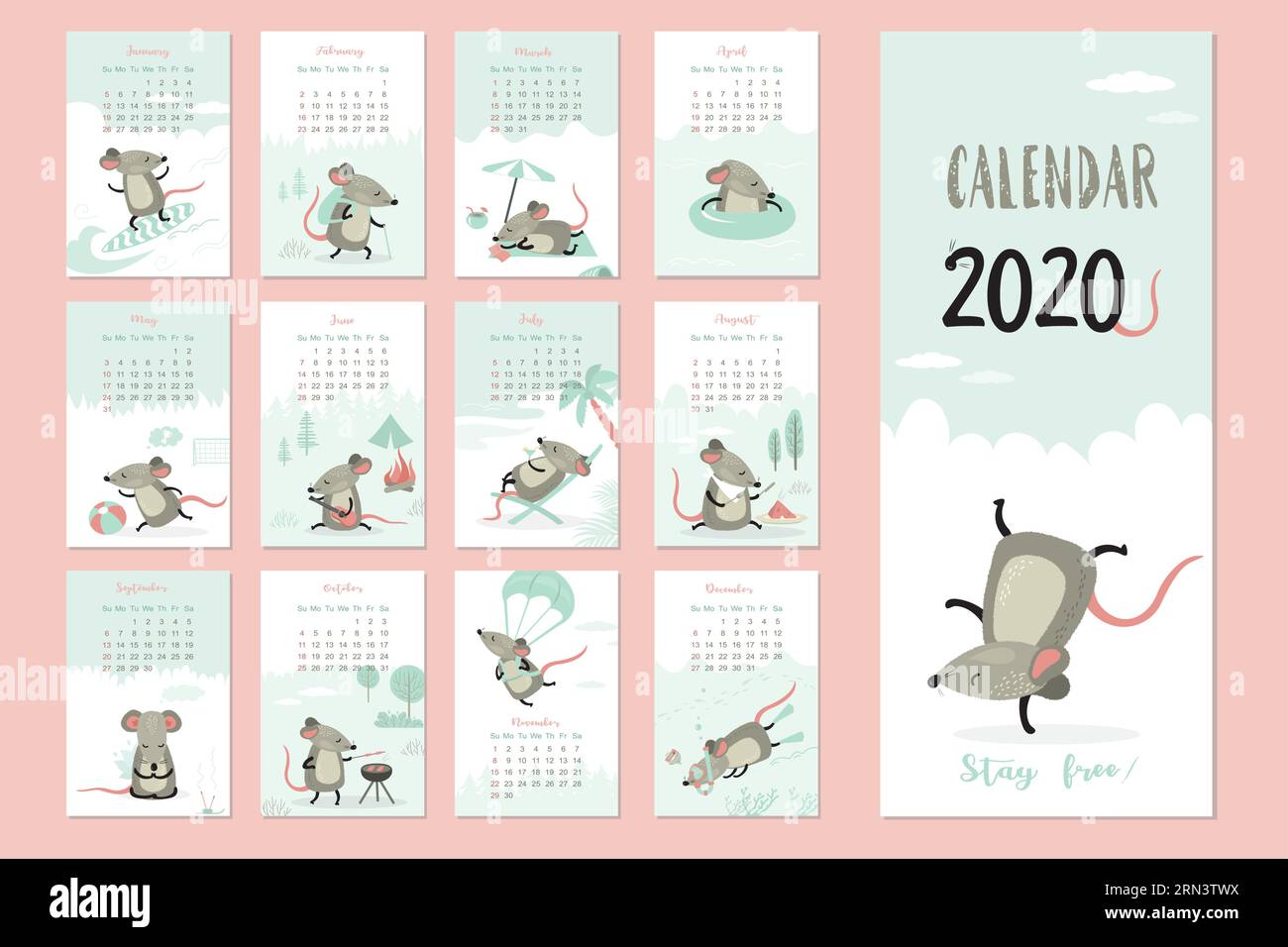 2020 calendar template. 12 months and cover. Year of the rat. Funny and ...