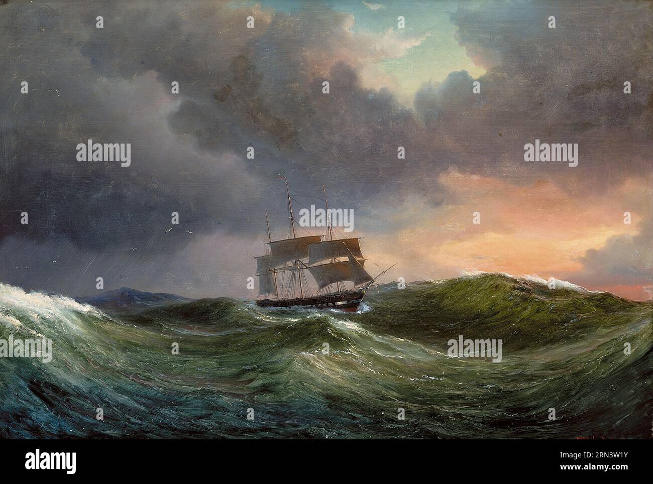 A frigate in rough weather at sunset. 1851 by Vilhelm Melbye Stock ...