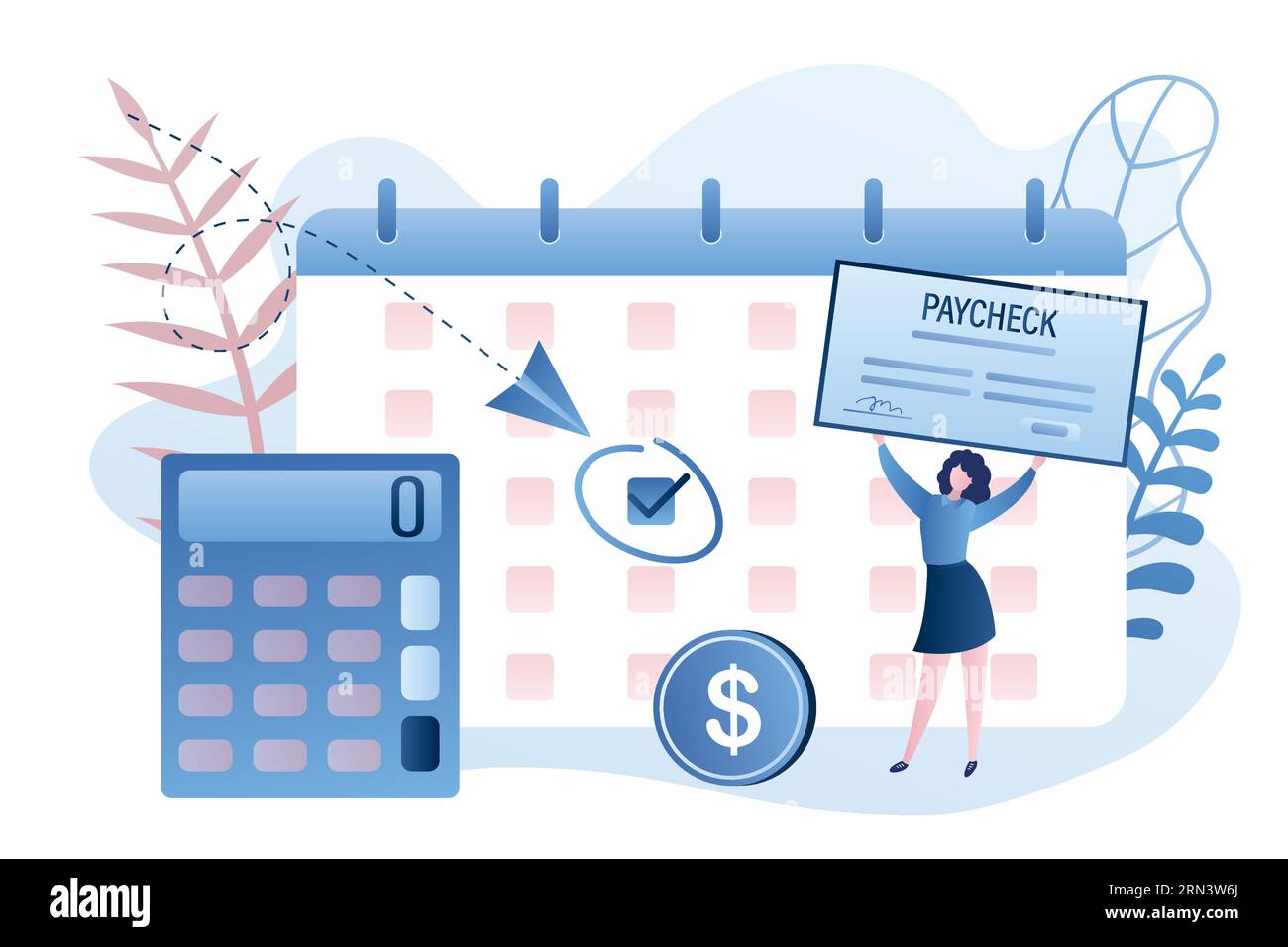Calendar with payday, calculator and female employee getting a paycheck ...