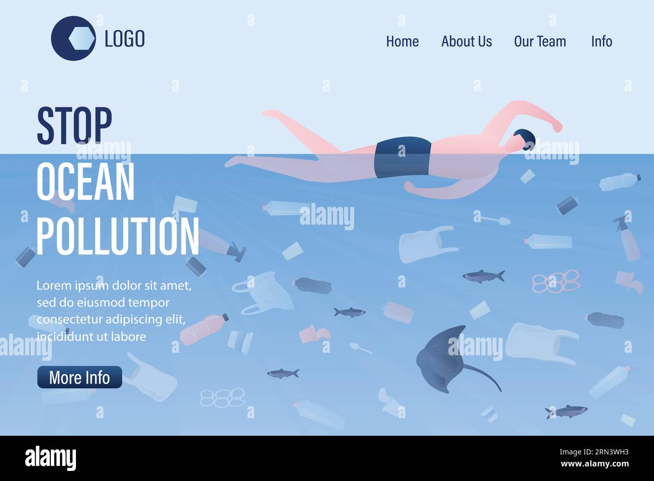 Stop ocean pollution landing page template. Plastic trash and various ...