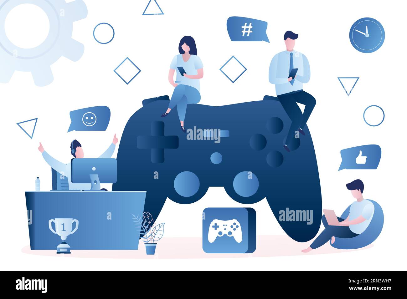 Various gamers,big game controller. People with different smart gadgets ...