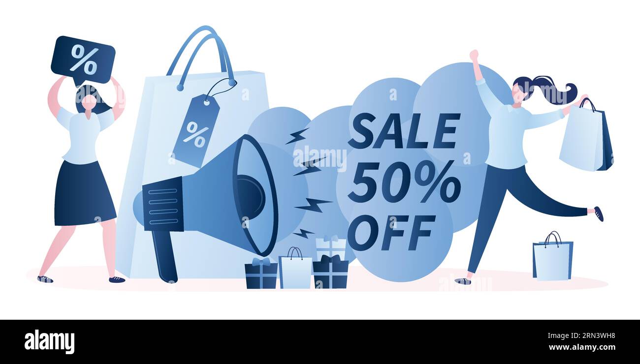 Big megaphone with sale target ad. Happy woman client with shopping bags and gifts ...