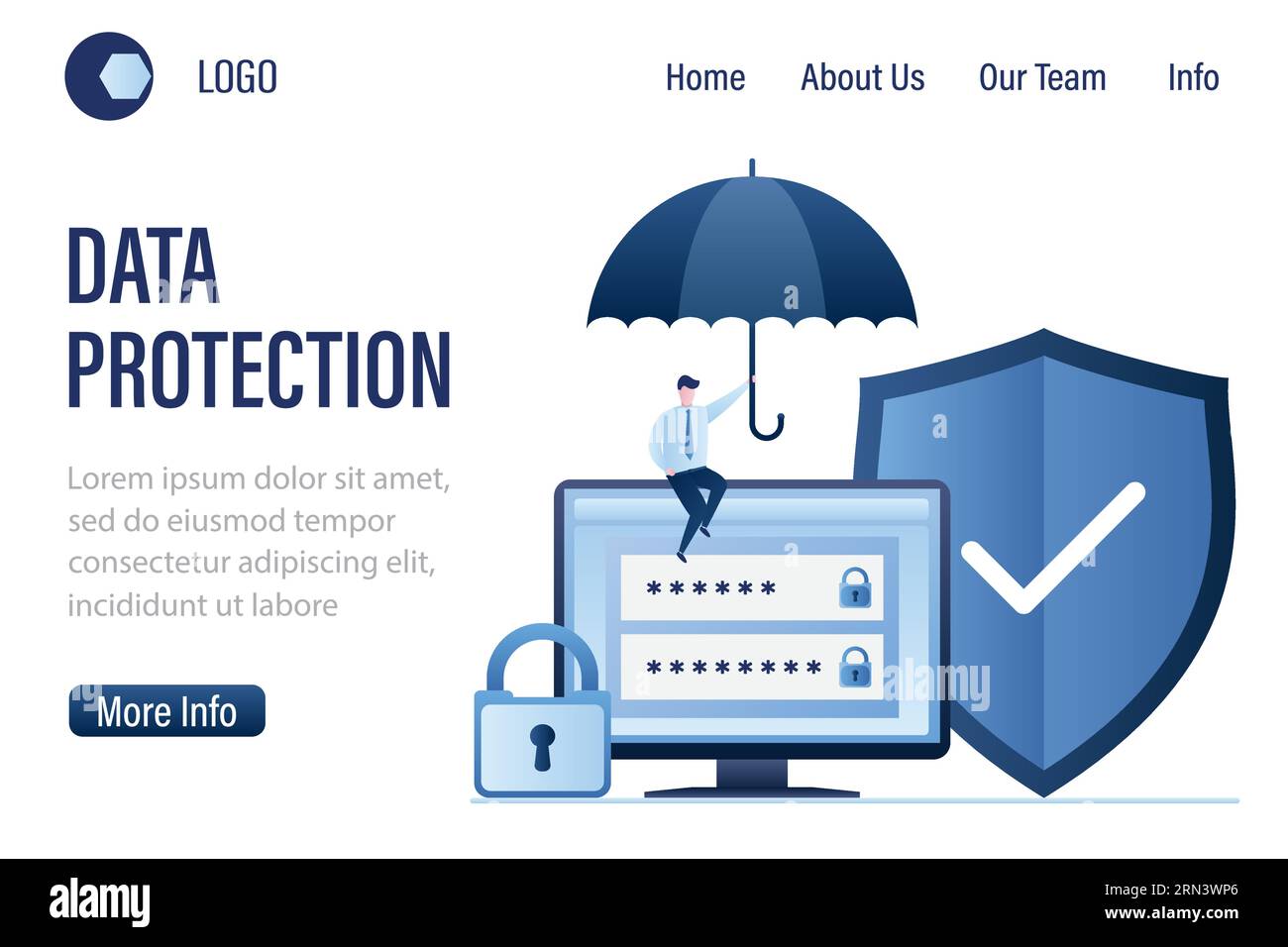 Data Protection landing page template. Businessman holding umbrella. Monitor screen with login ...