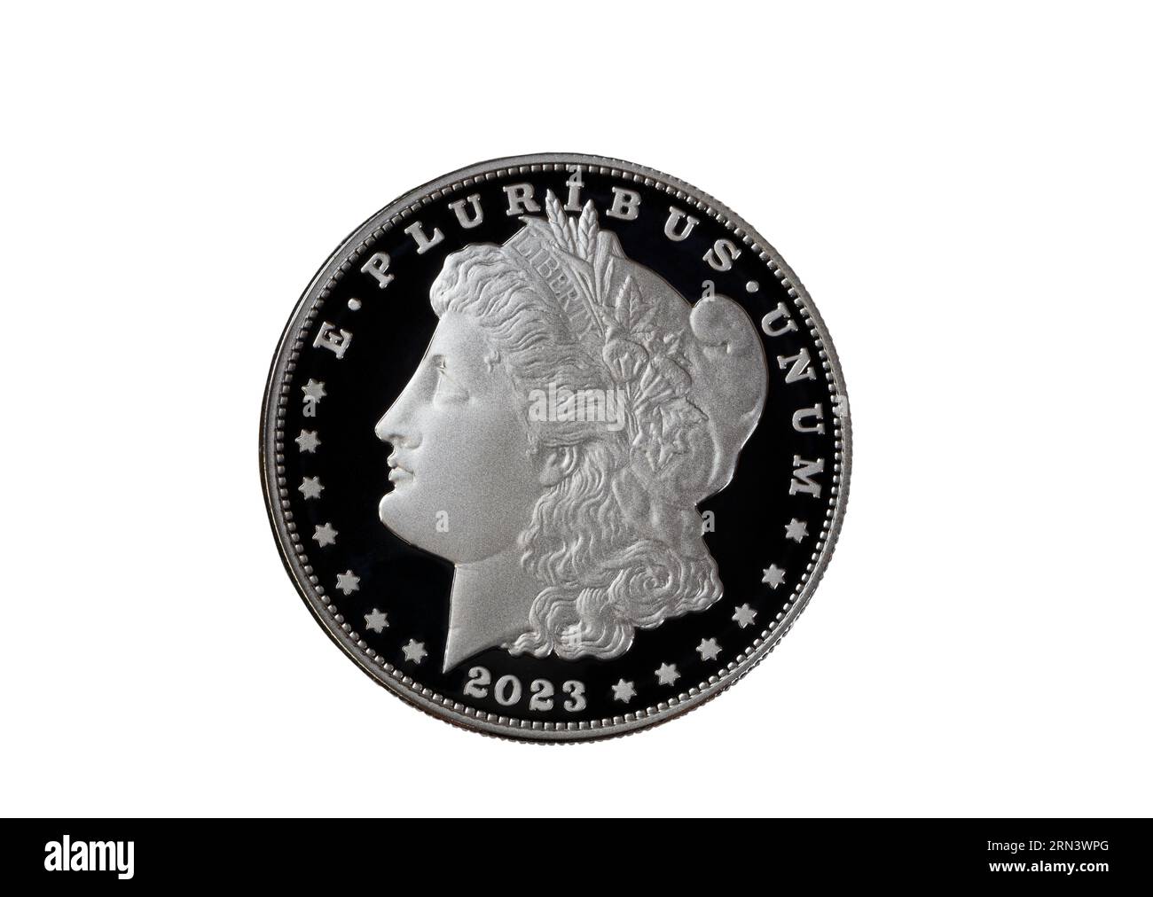 2023 Obverse side of Morgan silver dollar in reverse proof format ...