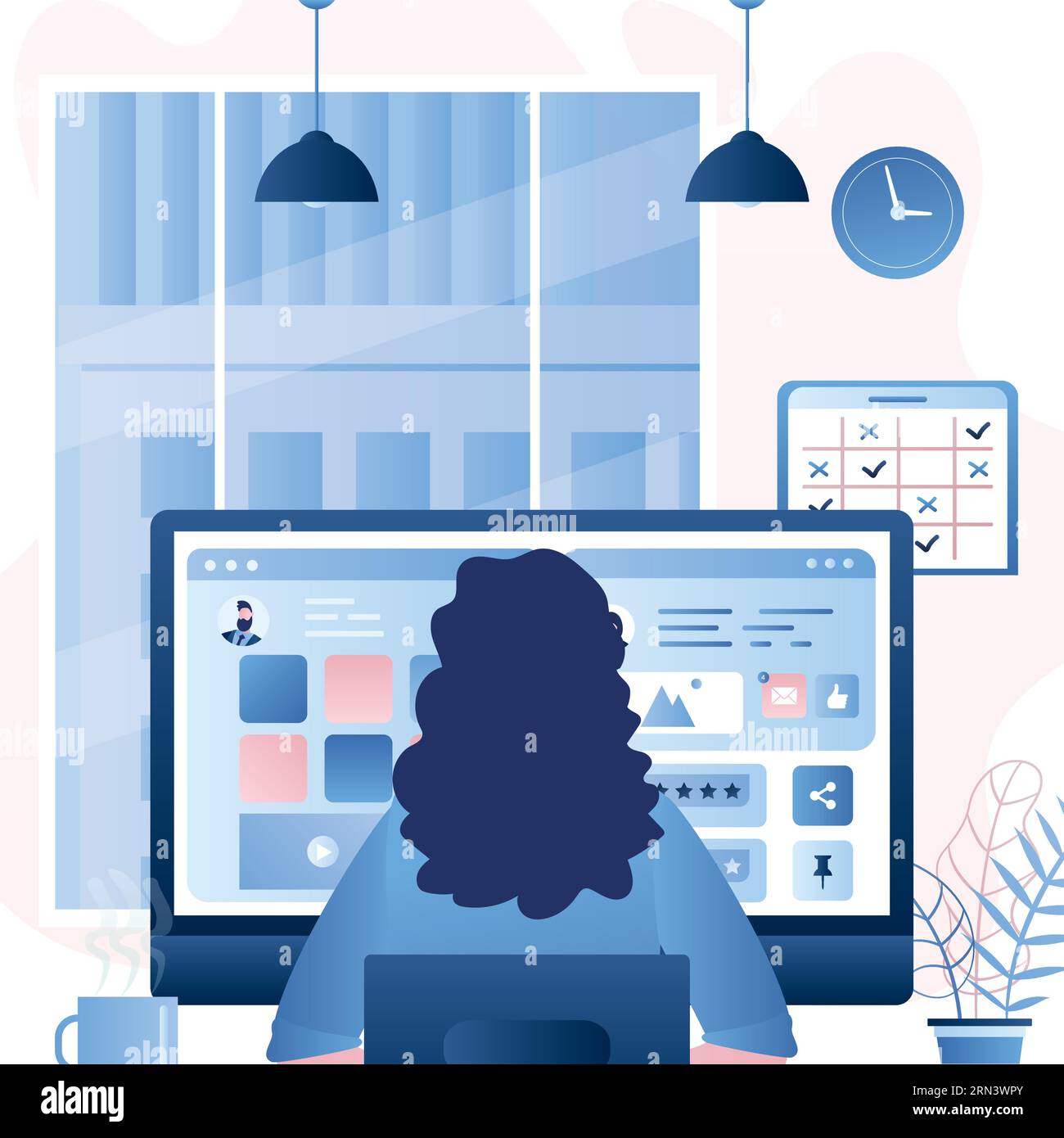 Businesswoman back view sits in front of the monitor screen. Social ...