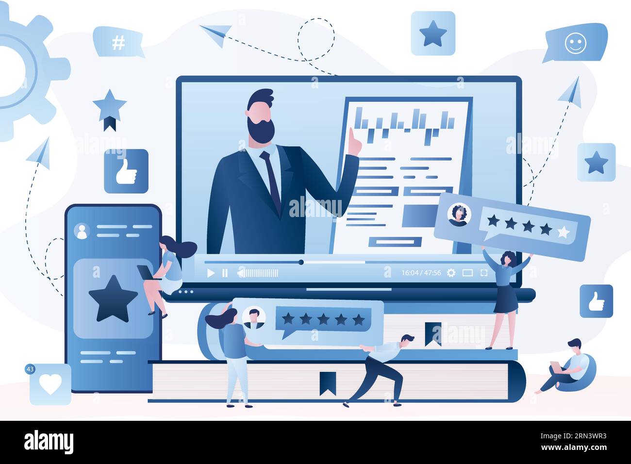 Big laptop with business blogger on screen and various people rate with ...