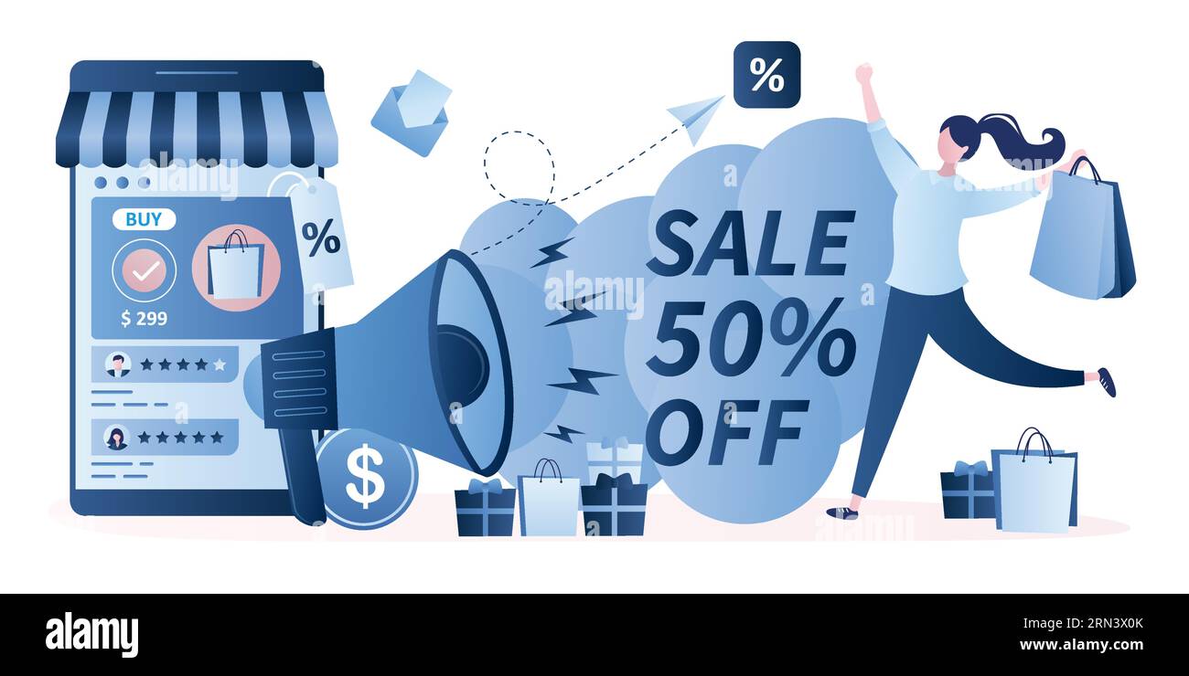 Big smartphone with online shop app.Happy woman client with shopping ...