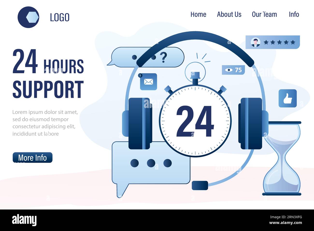 Big headset with messages and watch. Support 24 hours concept landing page. Customer service ...