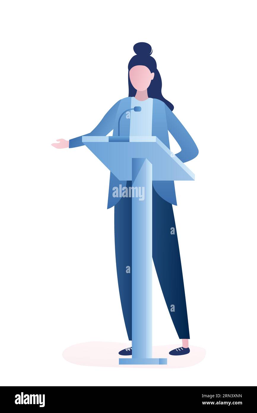 Businesswoman gives lecture. Stand near podium, speak into microphone ...