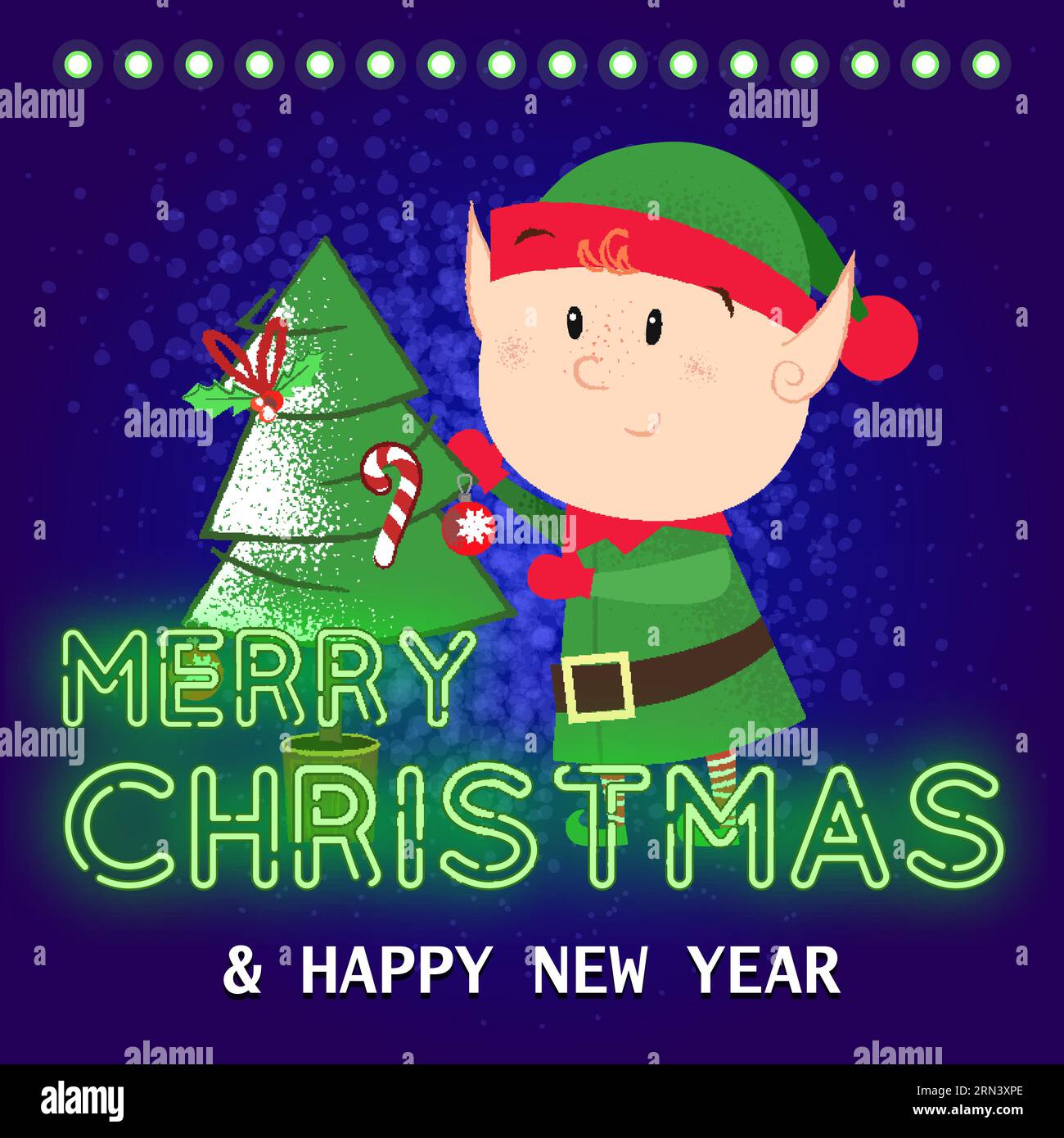 Merry Christmas neon lettering and elf with fir-tree Stock Vector Image ...