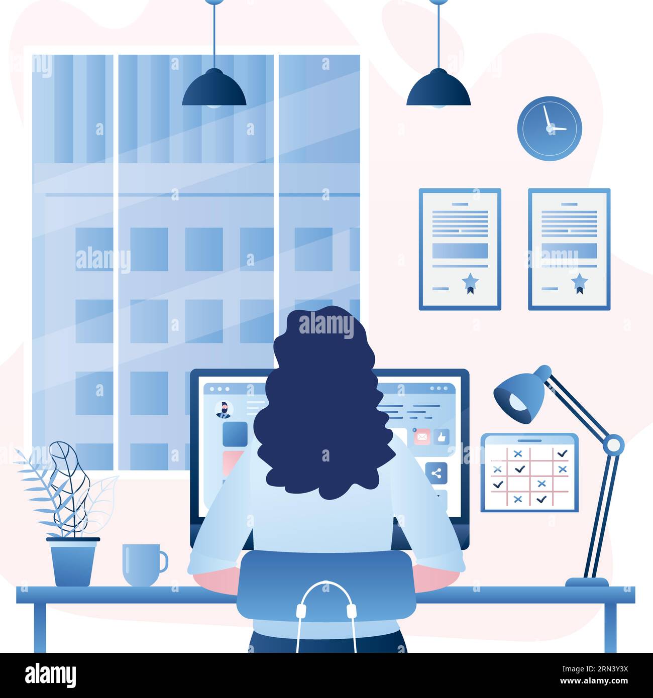 Businesswoman back view sits in front of the monitor screen. Social ...