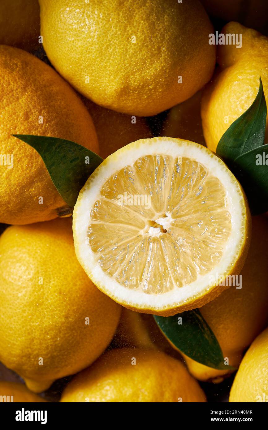 Top view picture of many lemons filling the shot. High contrast vibrant ...