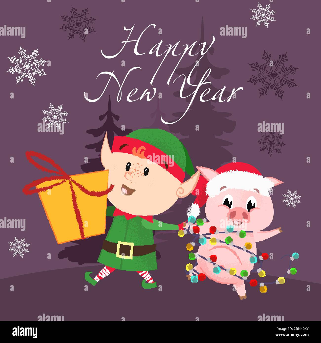 Happy New Year lettering with pig, elf, gift box and garland Stock ...