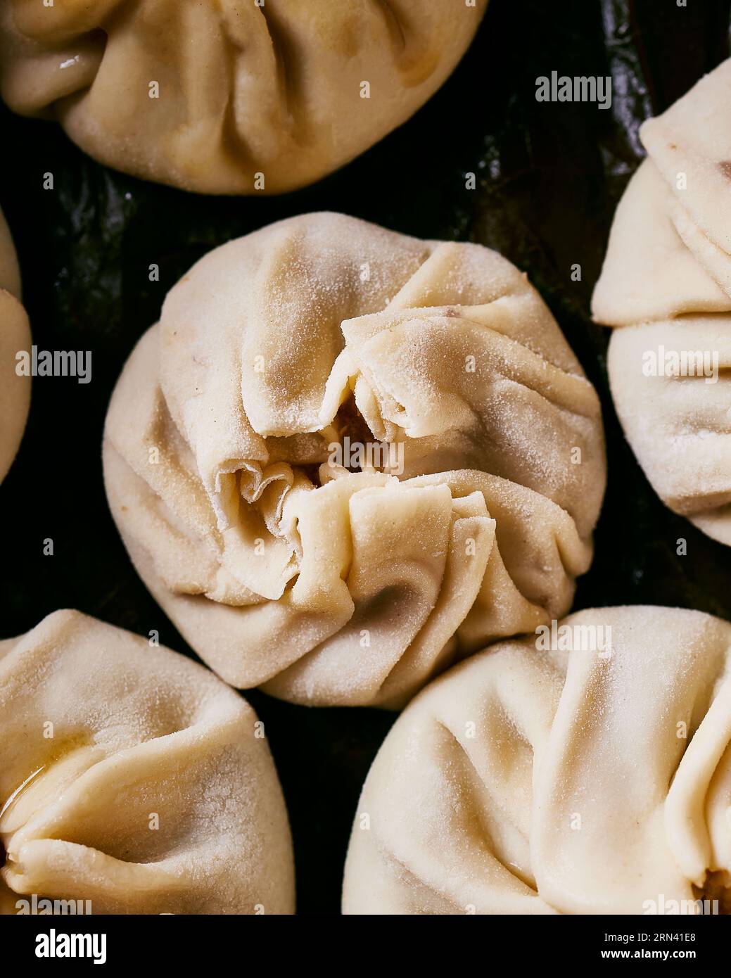 Close up of raw dim sum on a black background. Very detailed as you can ...