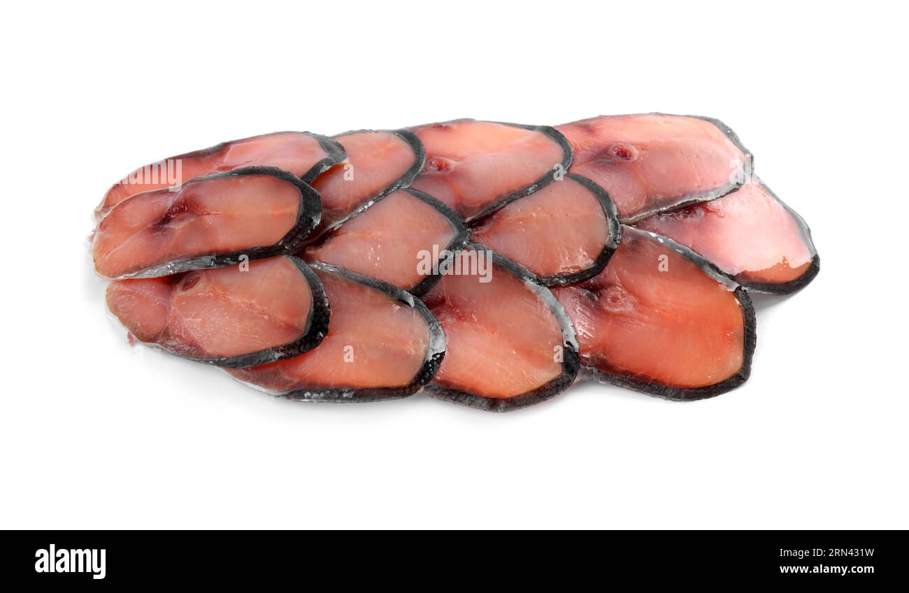 Raw mackerel slices isolated on white. Fish delicacy Stock Photo - Alamy