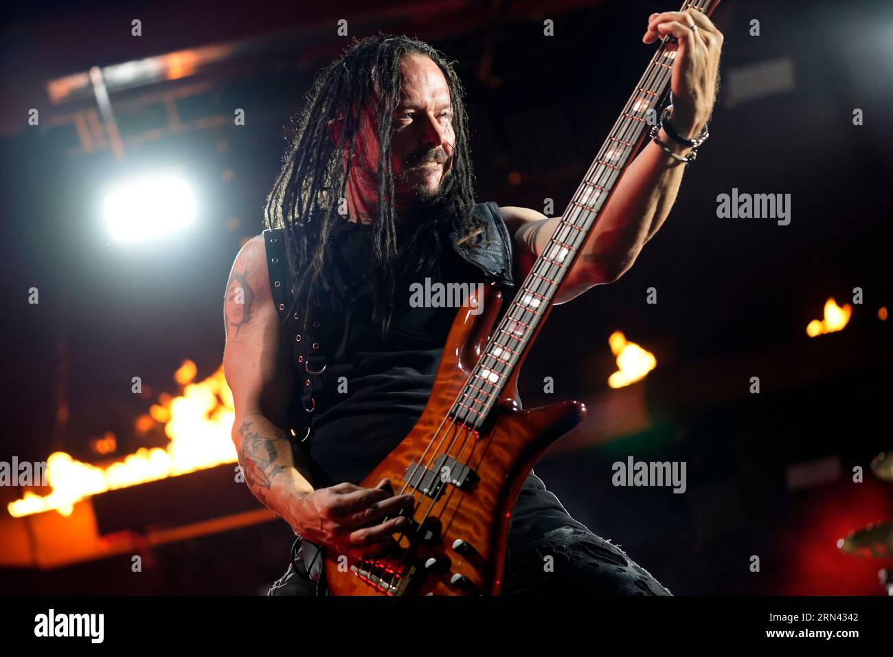 John Moyer, of the band Disturbed, performs on Wednesday, Aug. 30, 2023 ...