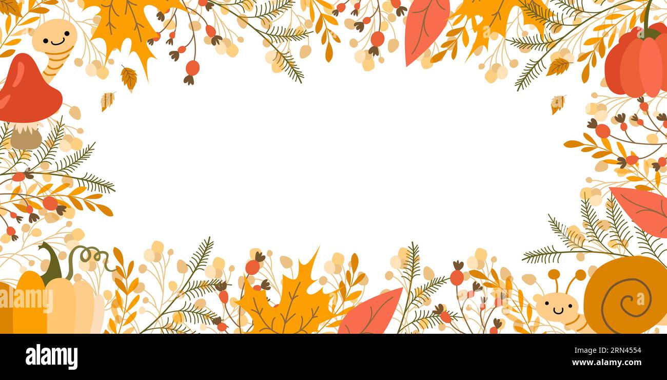 Autumn frame vector banner. Fall background with pumpkin, mushroom ...