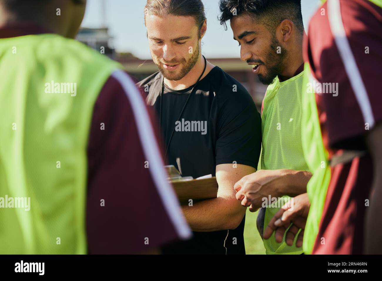 Sports strategy, talking and men in rugby for teamwork, fitness ...