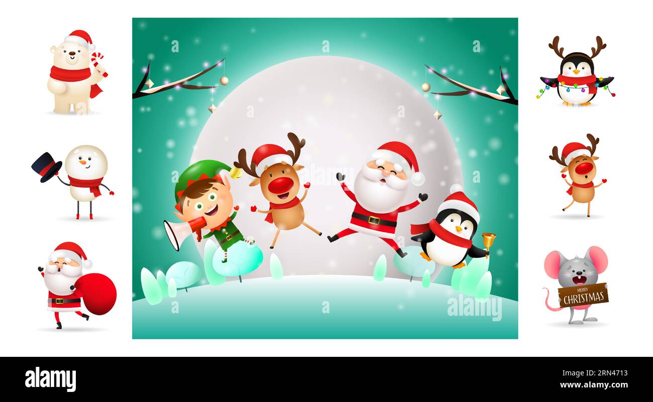 Cute Christmas cartoon characters during winter night Stock Vector ...