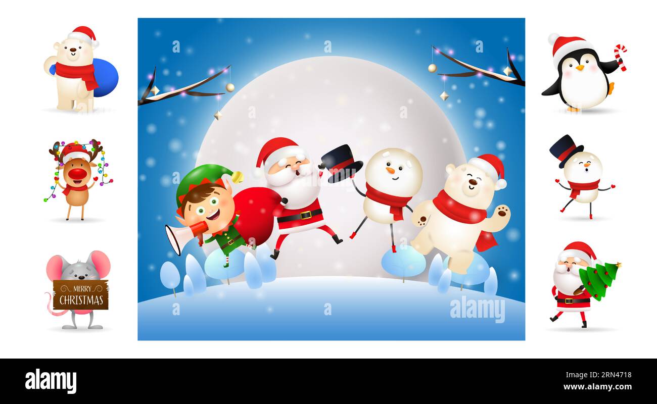 Cute Christmas cartoon characters jumping outdoors Stock Vector Image ...