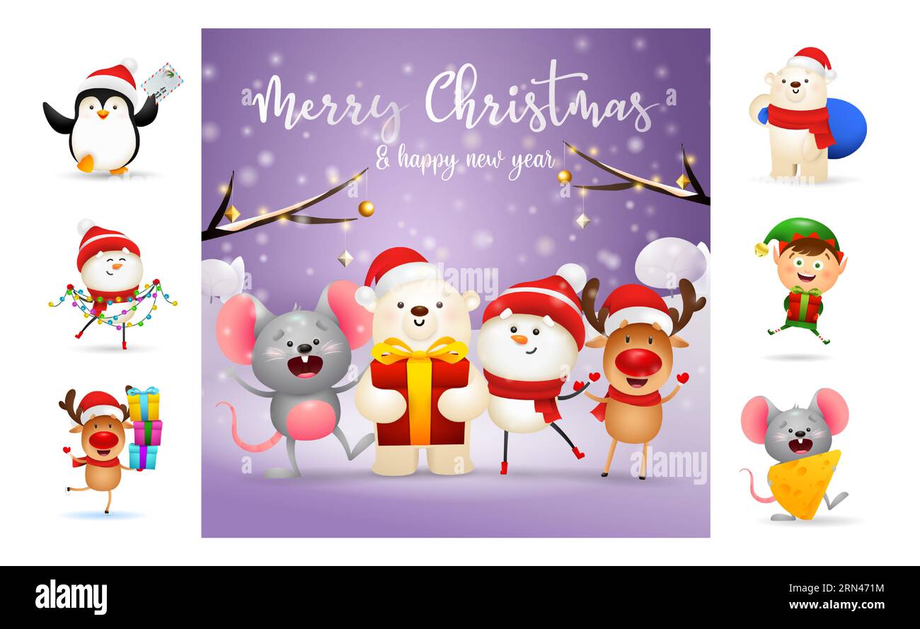 Merry Christmas greeting card with cartoon characters in forest Stock ...