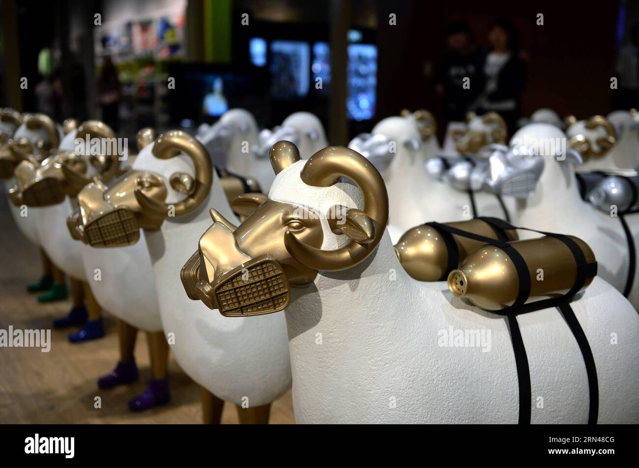 Photo taken on May 11, 2015 shows the goat sculptures at a mall in ...