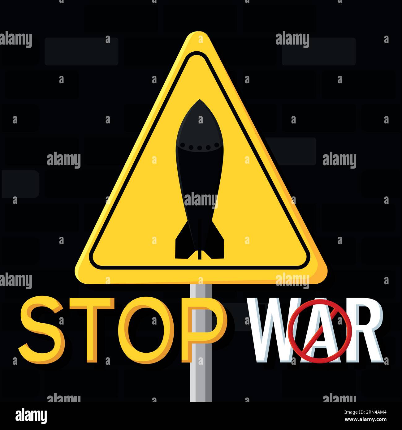 Isolated warning sign with a silhouette of a missile Stop war concept ...