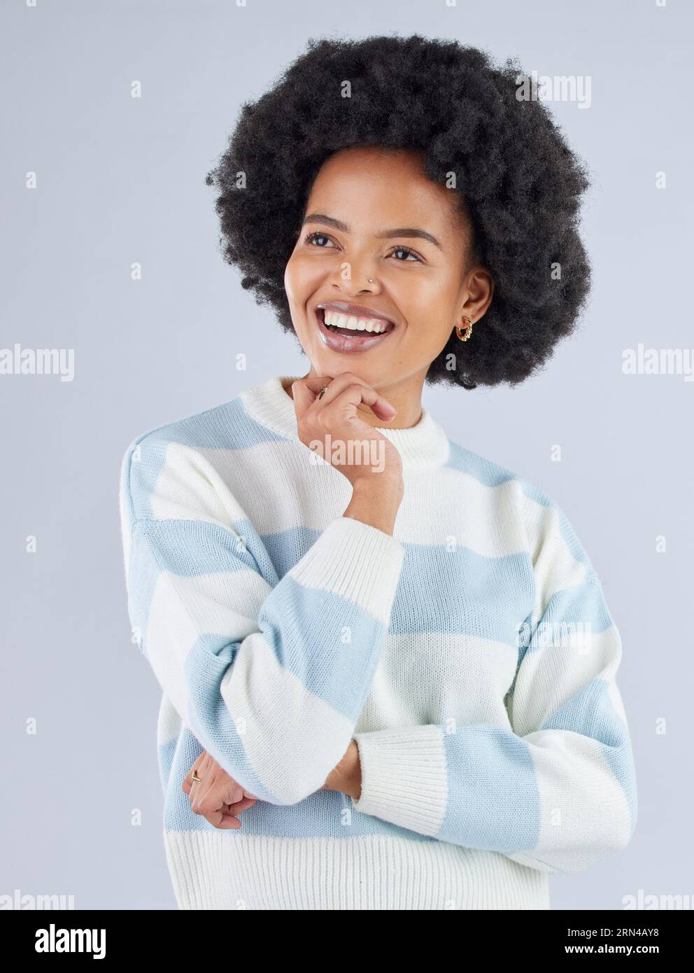 Happy black woman thinking of ideas in studio, planning insight or ...