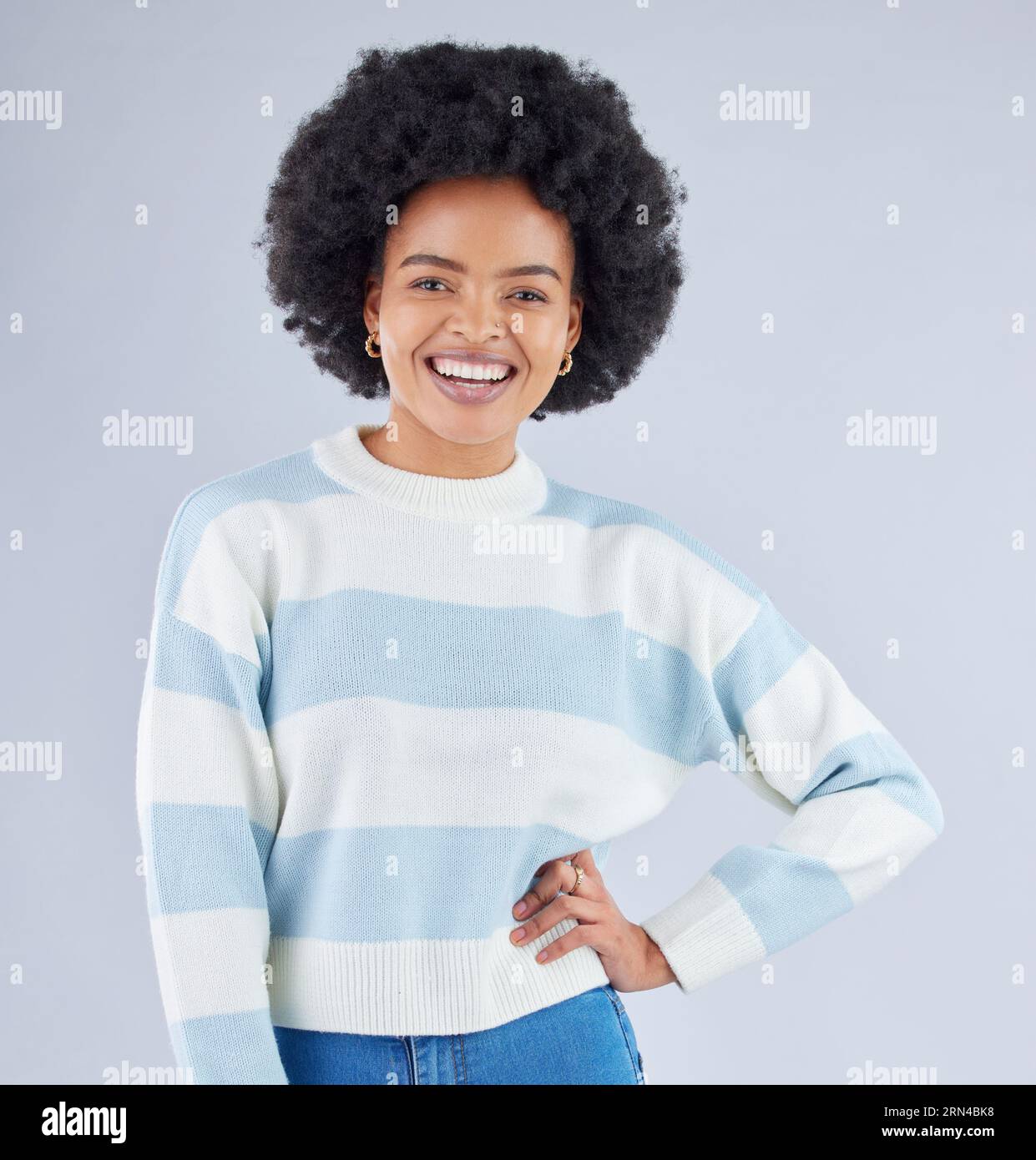 Fashion, gen z and smile with portrait of black woman in studio for ...