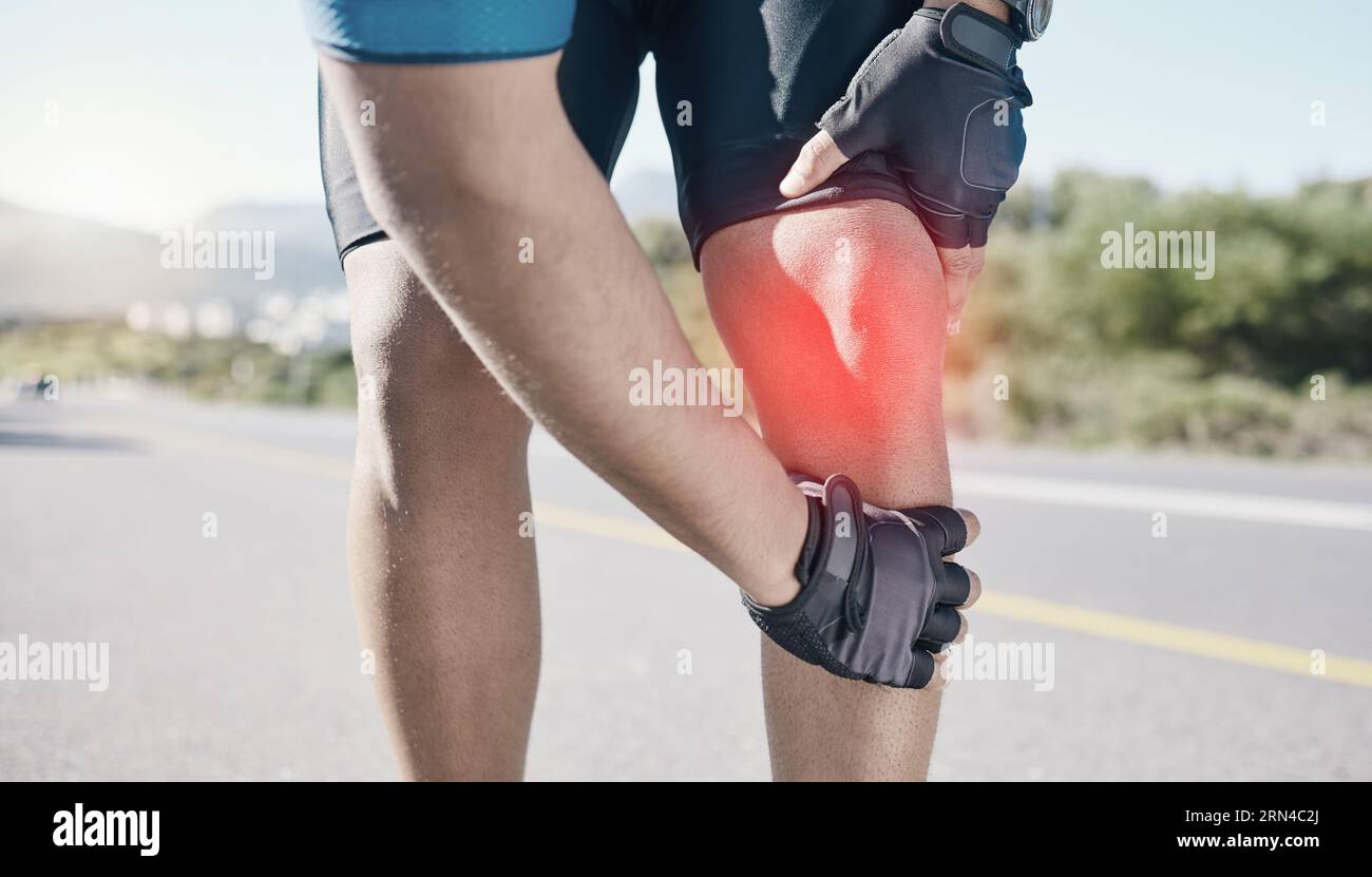 Man, closeup and cyclist with knee pain, road and emergency with ...