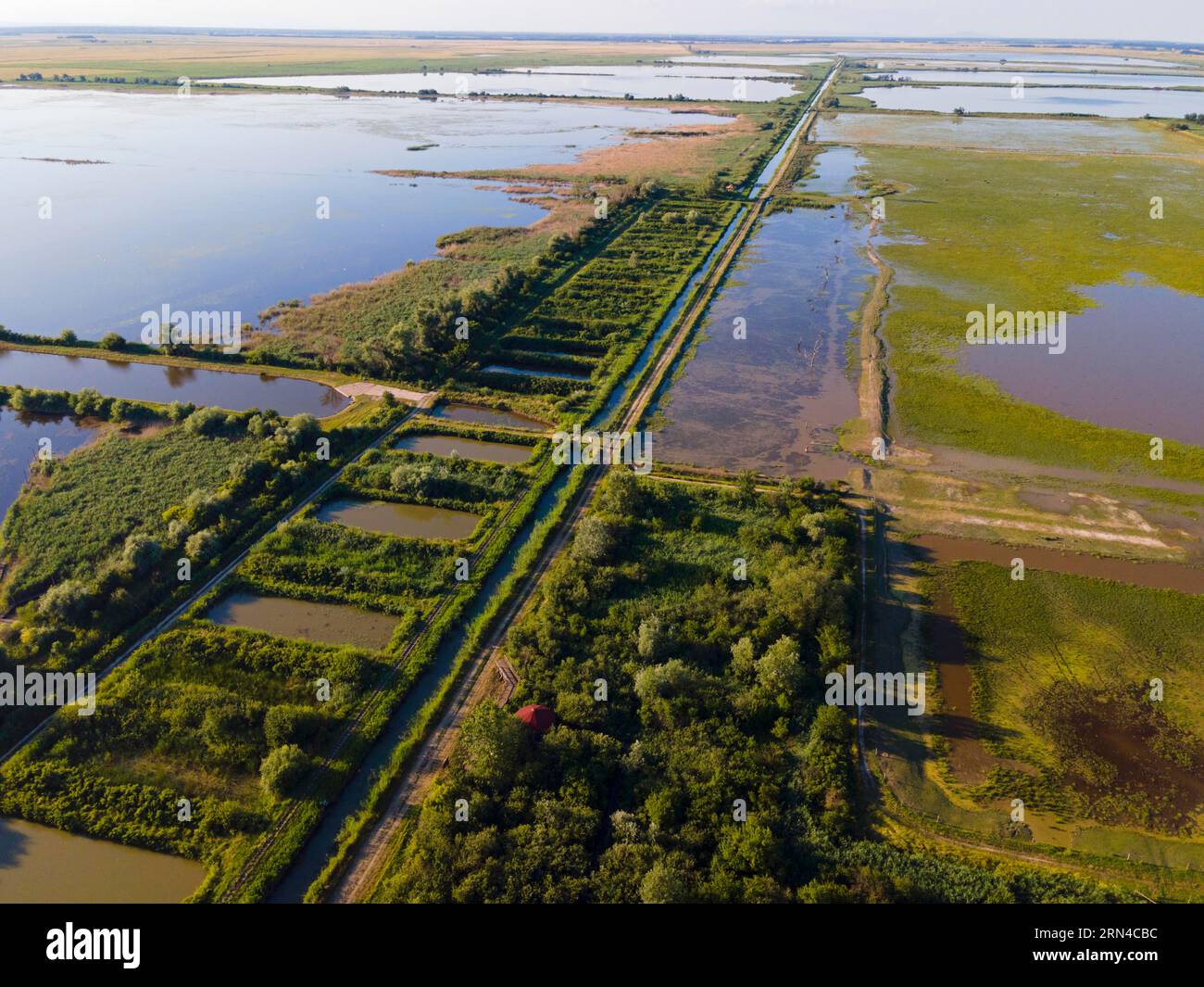 Aerial view, Hortobagy fish ponds, Hortobagyi halasto, Hortobagy ...
