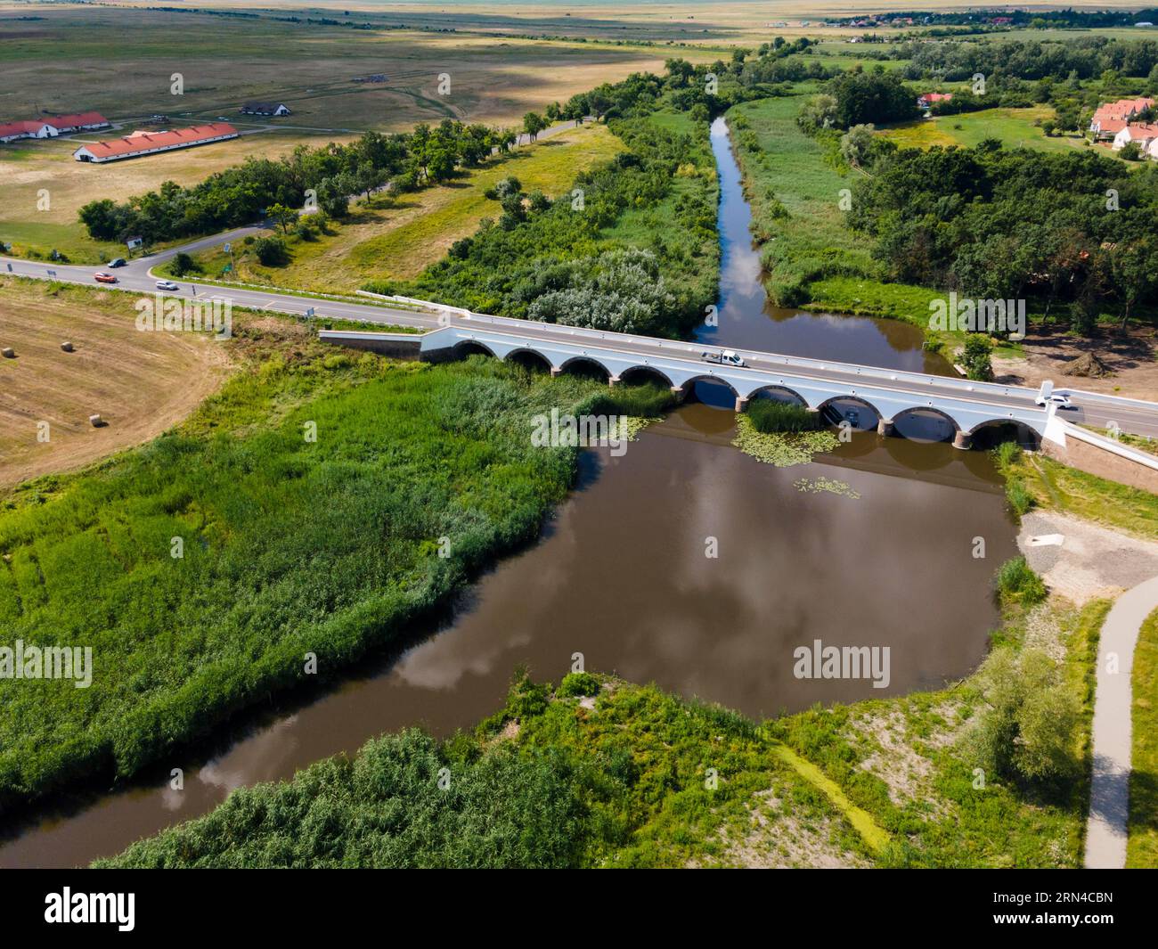 Aerial view, nine-arch stone bridge, Kilenclyuku hid, Hortobagy ...