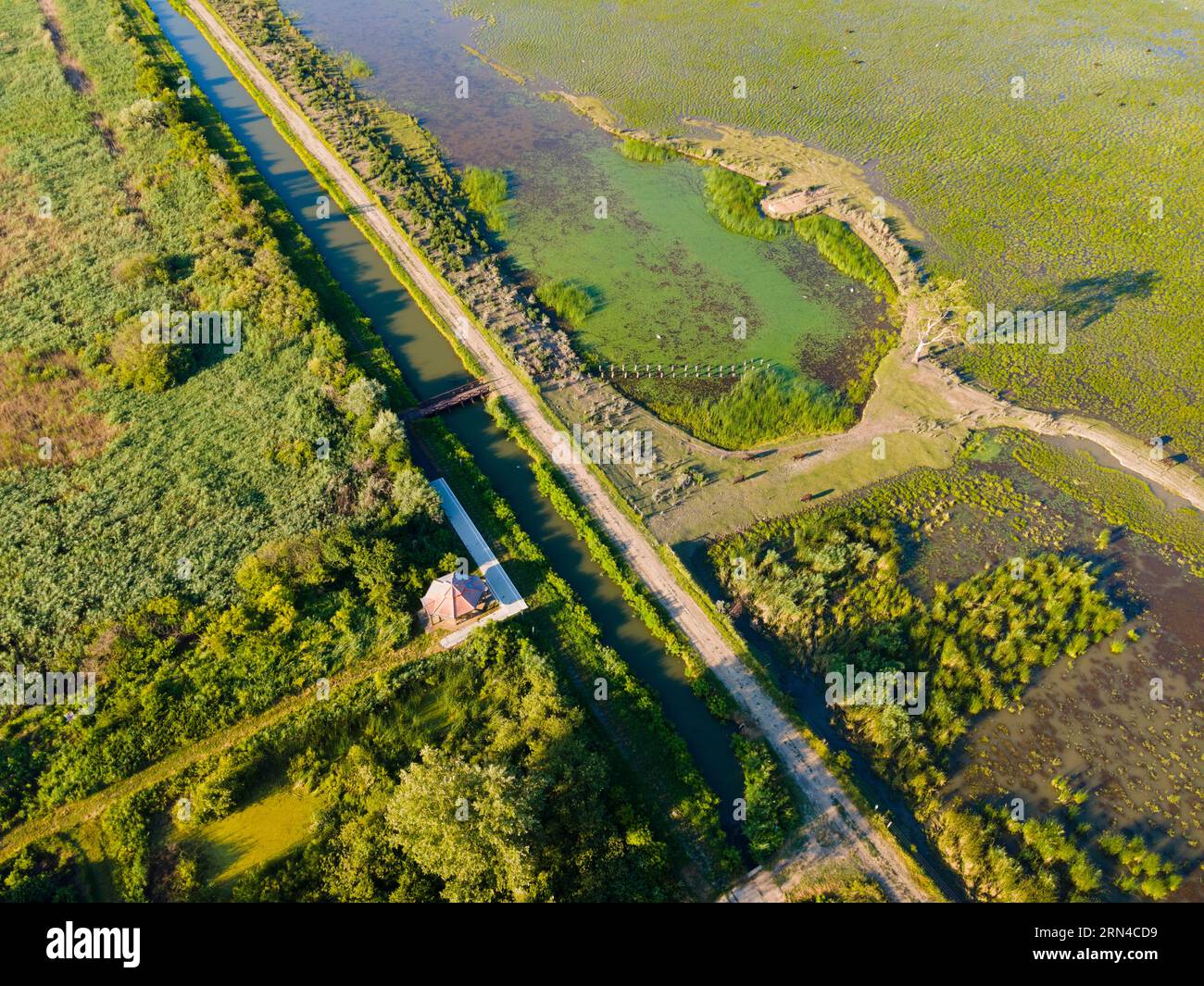 Aerial view, Hortobagy fish ponds, Hortobagyi halasto, Hortobagy ...