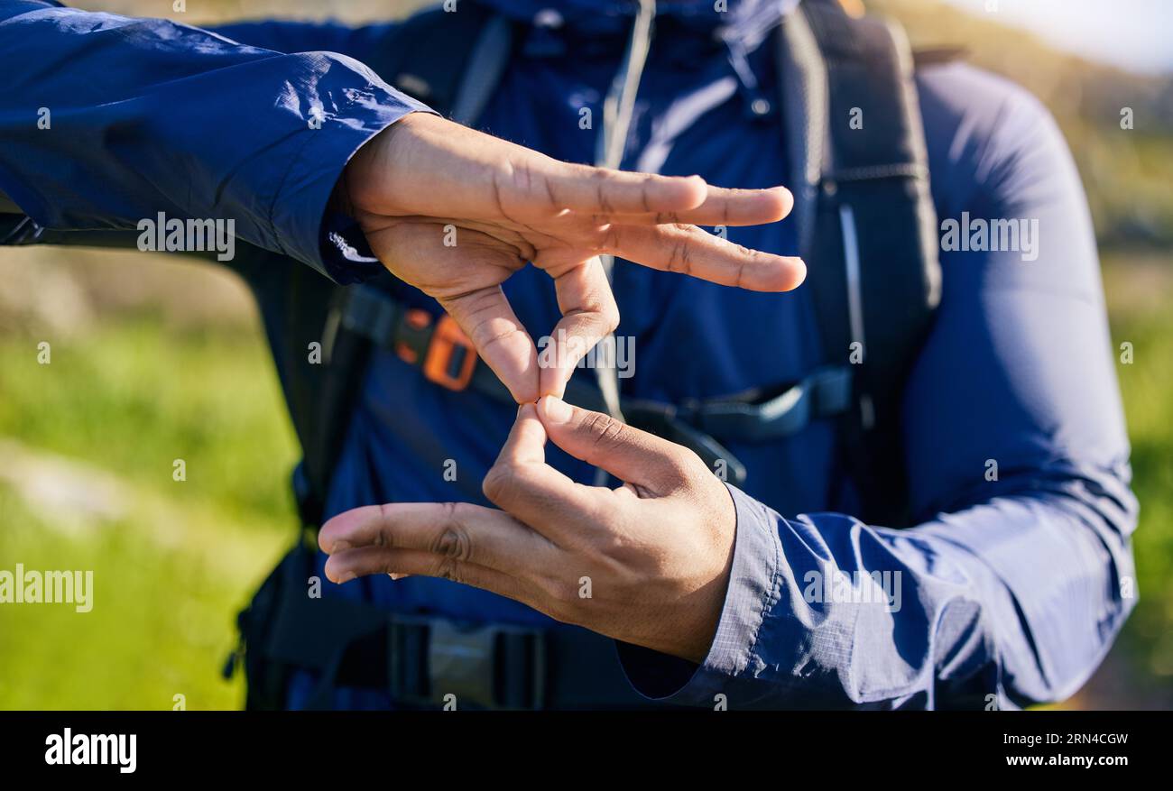 Closeup, hiking and a hand of a person in nature for fitness, training ...
